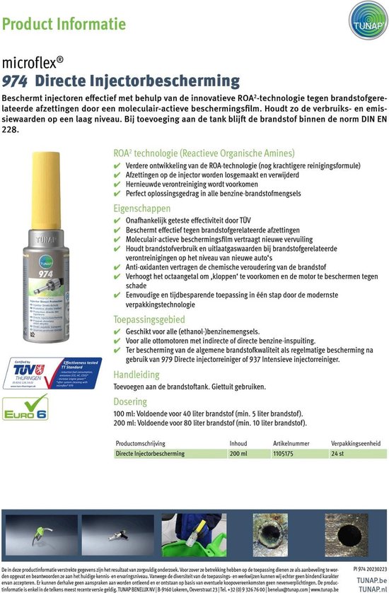 Tunap 974 Injector Cleaner - benzine brandstofsysteemreiniger E10 ...