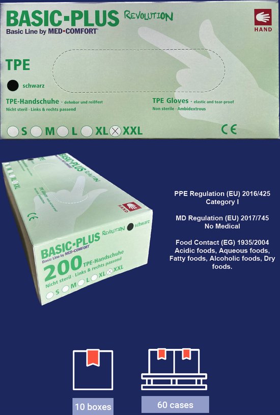 Basic Plus revolution - Med Comfort - TPE Handschoenen - Zwart - XXL - 200 stuks | bol