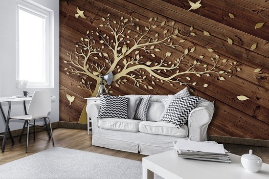 Fotobehang - Vlies Behang - Gouden Boom met Vogels op Houten Planken ...