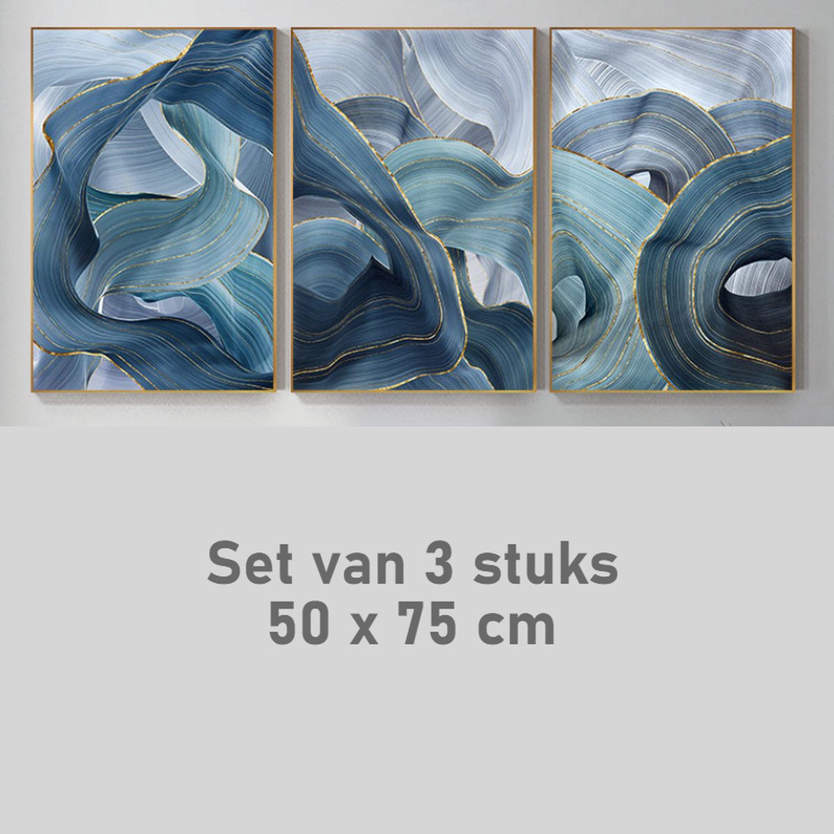 Allernieuwste.nl® SET 3 Luik Canvas Schilderij Goud Blauw Lint - Kunst - Modern... | bol