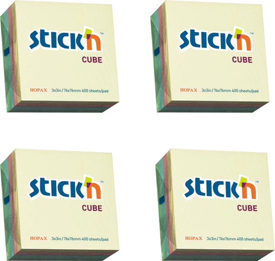 Stick'n sticky notes kubus - 4 pack - 76x76mm, pastel ass. 4 kleuren ...