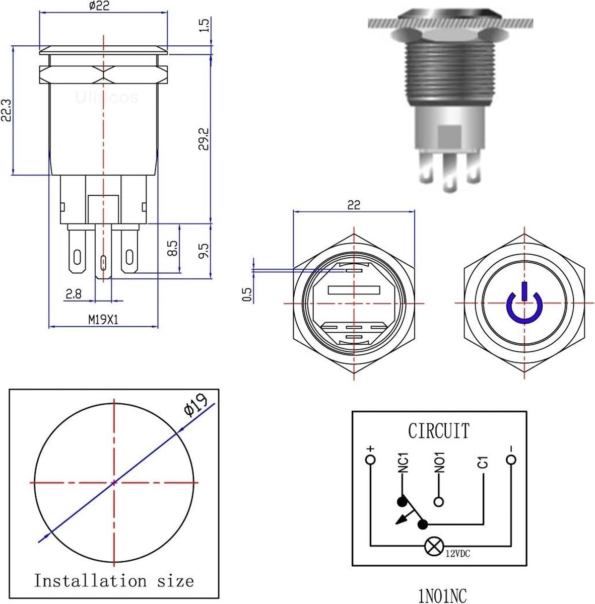 Drukschakelaar rode verlichting - 19mm - 1NO1NC - Power symbool | bol.com