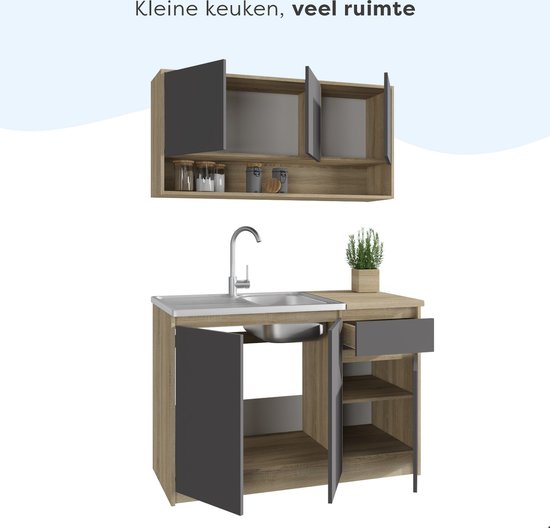 Kleine Keuken Grijs & Eiken - 120cm – Mini Keukenblok – Kitchenette met ...