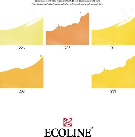 Ecoline “Geel” Brushpennen set van 5 + 1 Blok Ecoline Papier 20 Vel ...