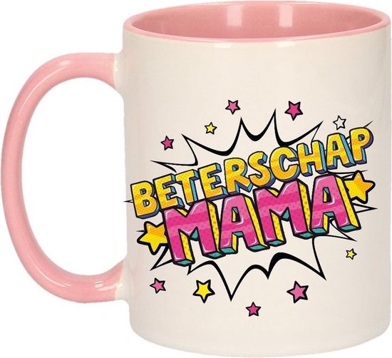 Beterschap mama cadeau koffiemok / theebeker wit en roze met sterren - 300 ml -... | bol.com