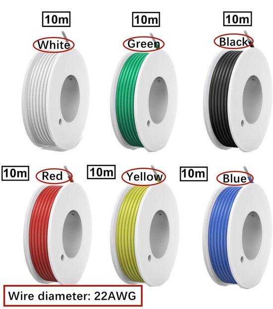 22 AWG elektrische draad vaste draad kit - 6 verschillende spoelen met elk 10 meter... | bol