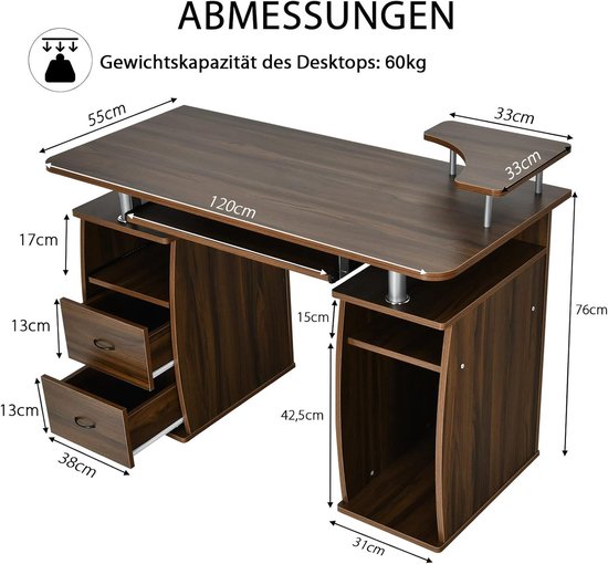 COSTWAY Computertafel, computer bureau met toetsenbordlade, laden ...