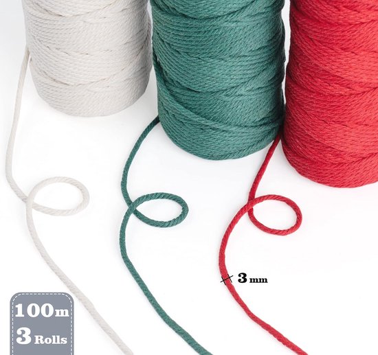 Macramé Koord 3mm - 3 Rollen Natuurlijk Katoenen Koord voor DIY ...