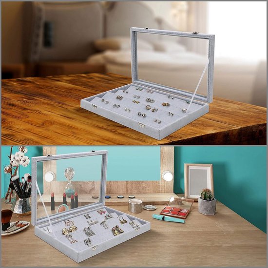 Velours Sieraden Organiser Display Doos Tray 40 Gleuven & Glazen Deksel ...