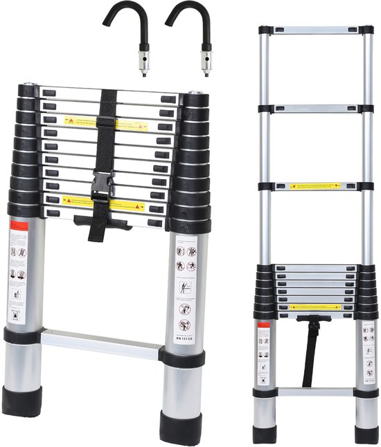 Telescopische Ladder - Telescoopladder - 3,2m zilver + haak, Compact en ...