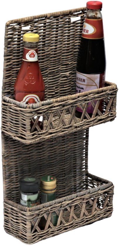 Opbergrek wand riet - Rotan wandrek flessen - Kruidenrek ...