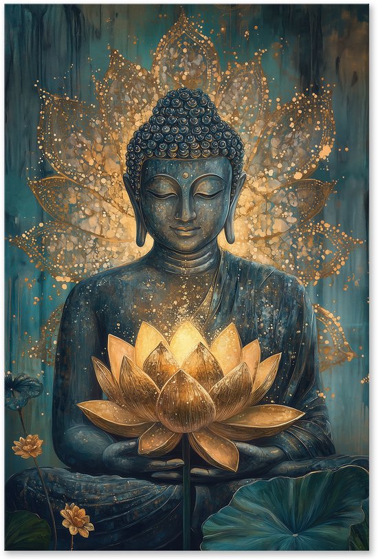 Graphic Message - Tuin Schilderij op Outdoor Canvas - Boeddha met Gouden Lotus - Blauw... | bol