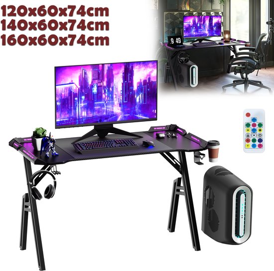 140 x 60 cm gaming tafel gaming bureau met instelbare RGB LED ...