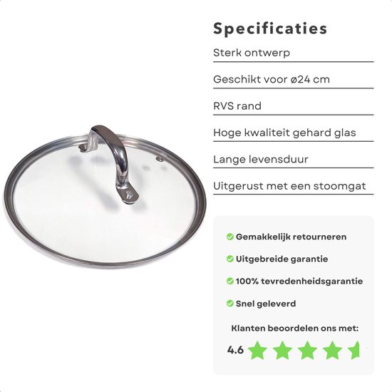 Cheqo® Glazen Deksel voor Pan - Pandeksel - Pannendeksel - Spatdeksel - 24cm - RVS... | bol