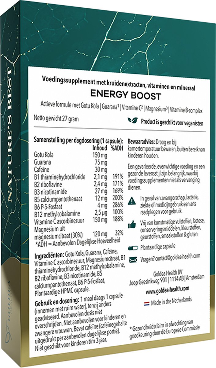Goldea Health Energy Boost - Voedingssupplement - Gotu Kola - Guarana ...