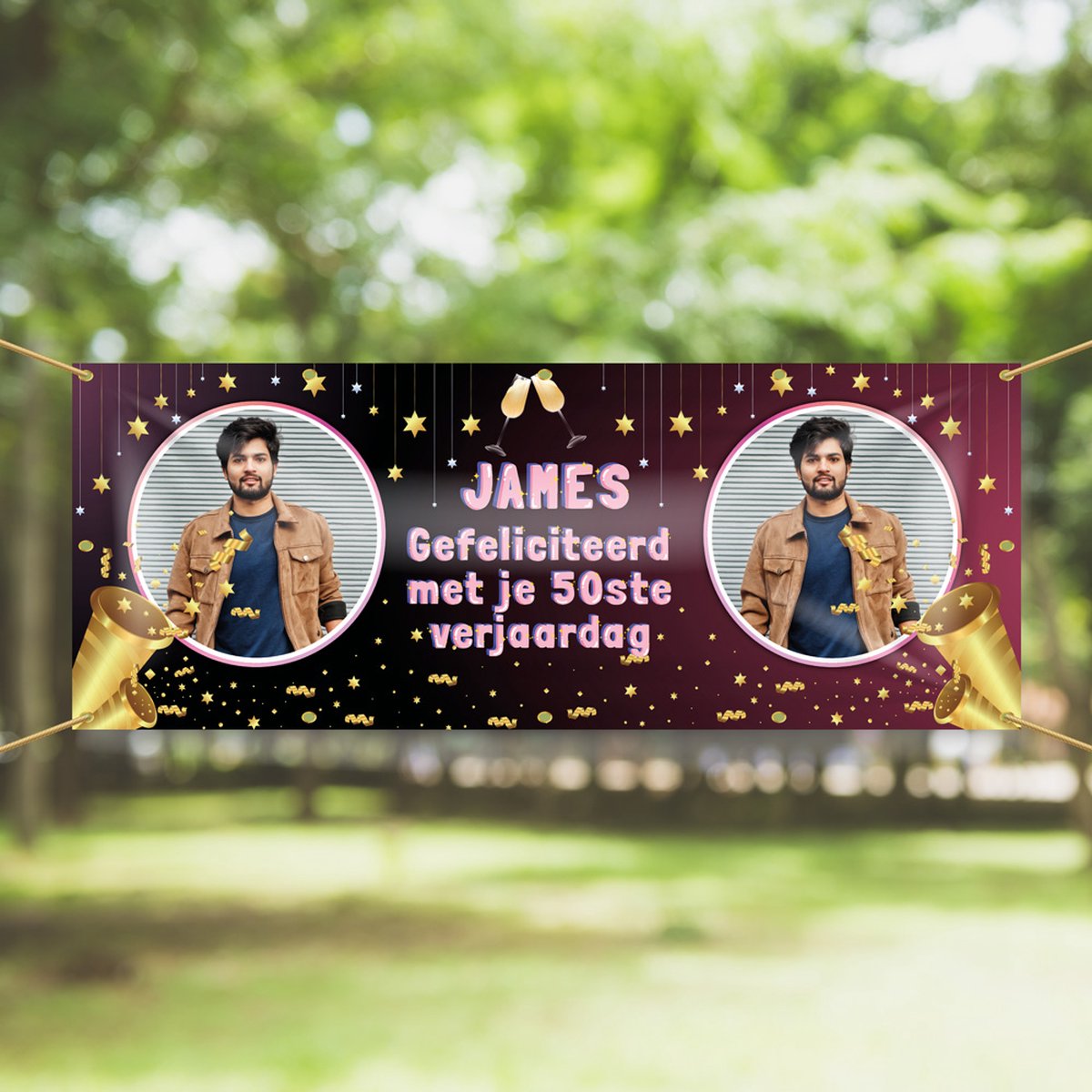 Spandoek maken met Foto en Eigen tekst - Feesttoeters en sterren - 200 ...