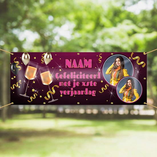 Spandoek maken met Foto en Eigen tekst - Champagne glazen - 200 x 75 cm - Verjaardag -... | bol