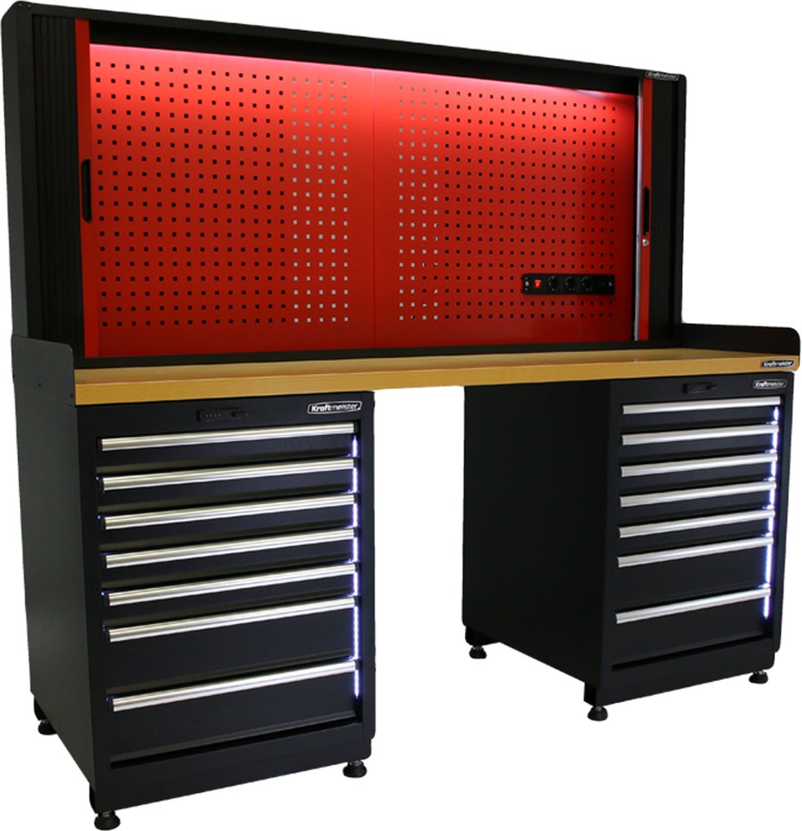 Kraftmeister werkbank 200 cm - Werktafel met gereedschapswand, 14 laden ...