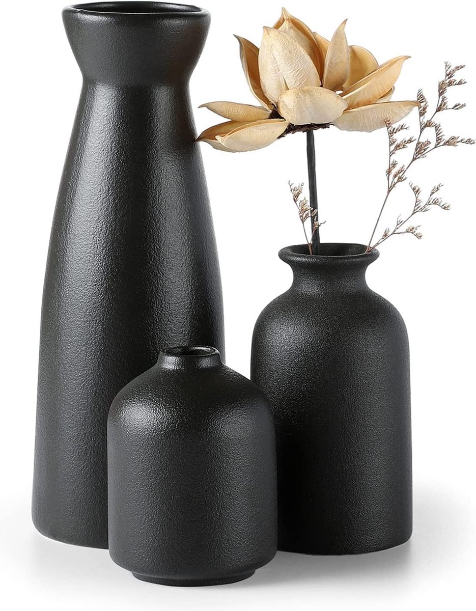 Zwarte keramische vazen set van 3 kleine bloemenvazen voor decoratie ...
