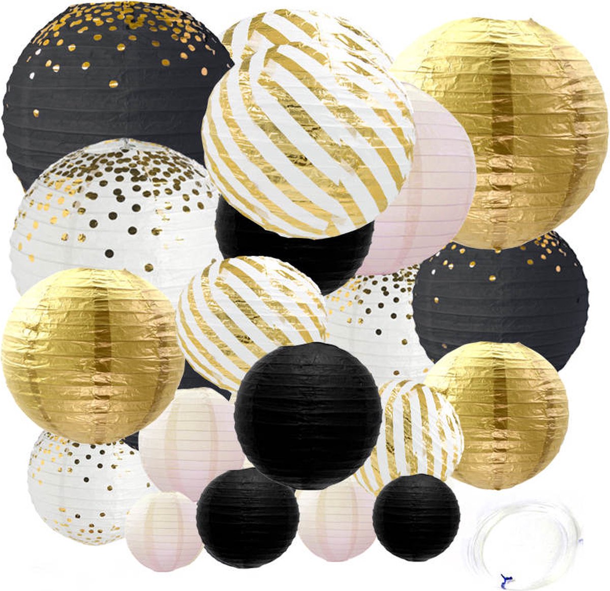 Joya Party® 20 Stuks Lampionnen Feest Versiering Set Zwart Goud & Wit ...