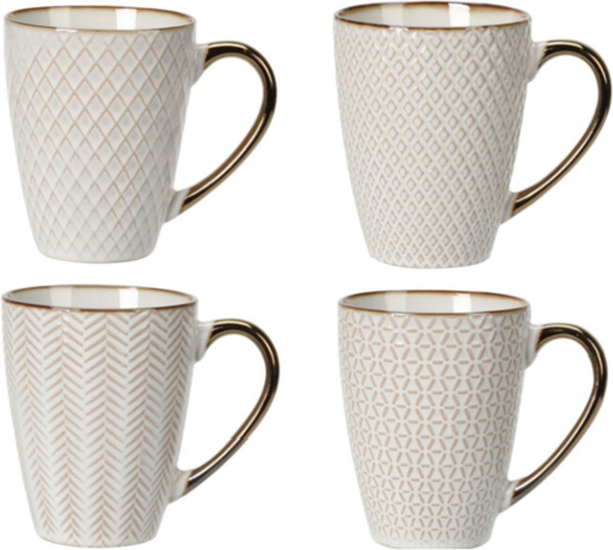 Siaki mokken 2,5 dl van aardewerk, crème met reliëf en bronzen rand SET ...