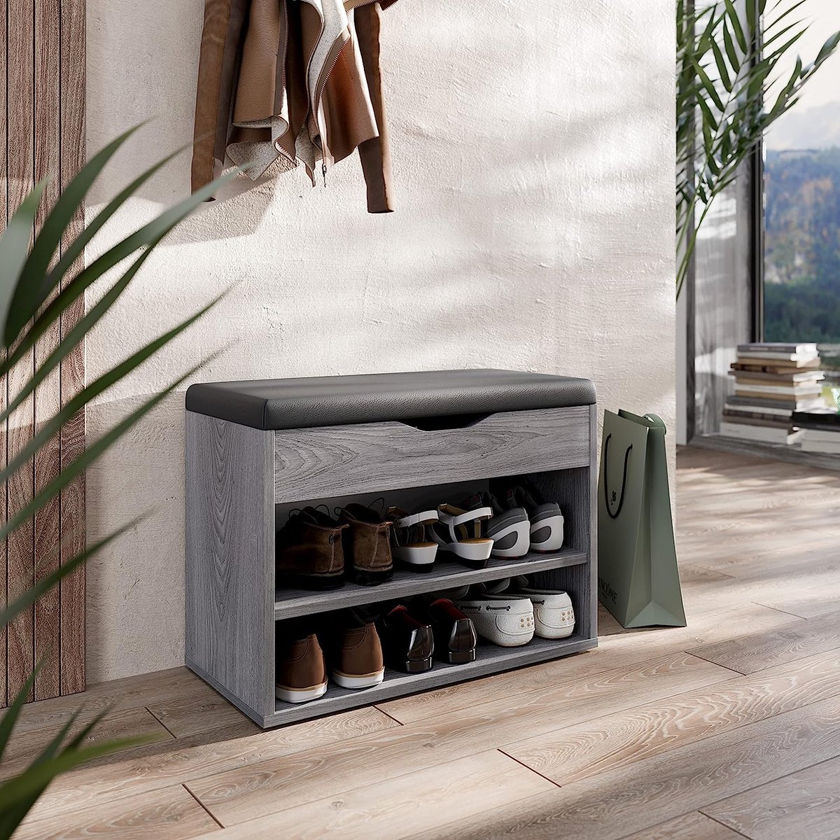 Schoenenrek klein 60 x 42 x 30 cm Schoenenkast met zitbank Eiken grijs ...