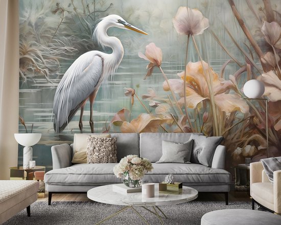 Vliesbehang - Fotobehang - Vogel - Bloemen - Natuur - Kunst - Rivier - Water - Vogels... | bol.com