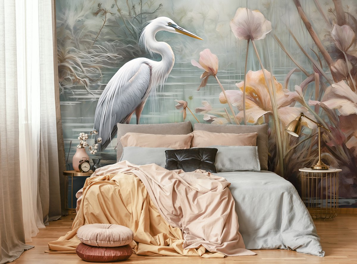 Vliesbehang - Fotobehang - Vogel - Bloemen - Natuur - Kunst - Rivier - Water - Vogels... | bol