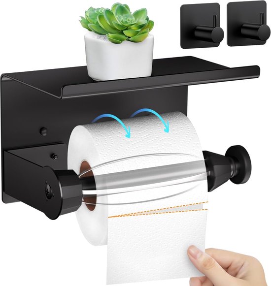 Toiletpapierhouder zonder boren met plank, zwart + 2 zelfklevende haken ...
