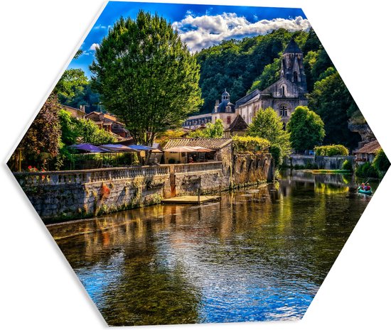 PVC Schuimplaat Hexagon - Rivier - Bootje - Mensen - Water - Bomen ...