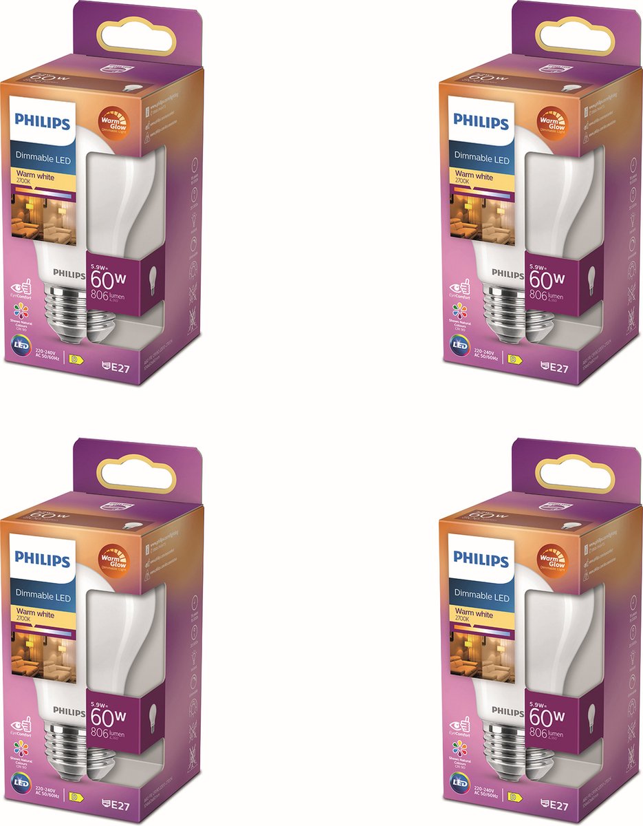 Philips Warmglow LED Lamp - Mat - 60 W - E27 - Dimbaar - Warmwit licht - 4 stuks | bol.com