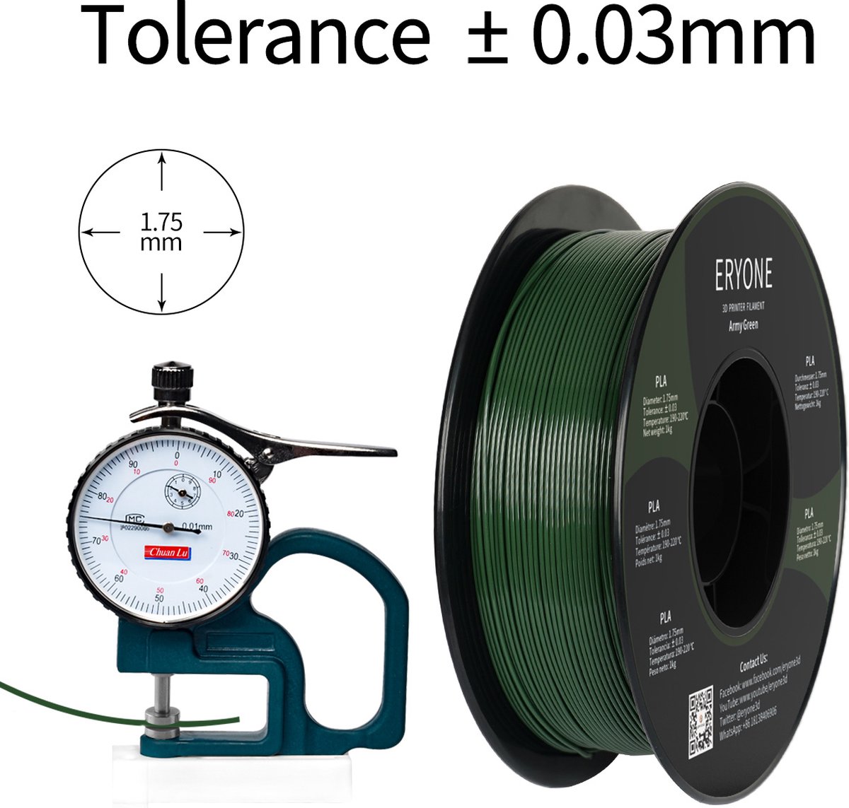 Eryone - Army Green - PLA Filament - 1Kg 1.75mm - Voor 3D-printer en 3D ...