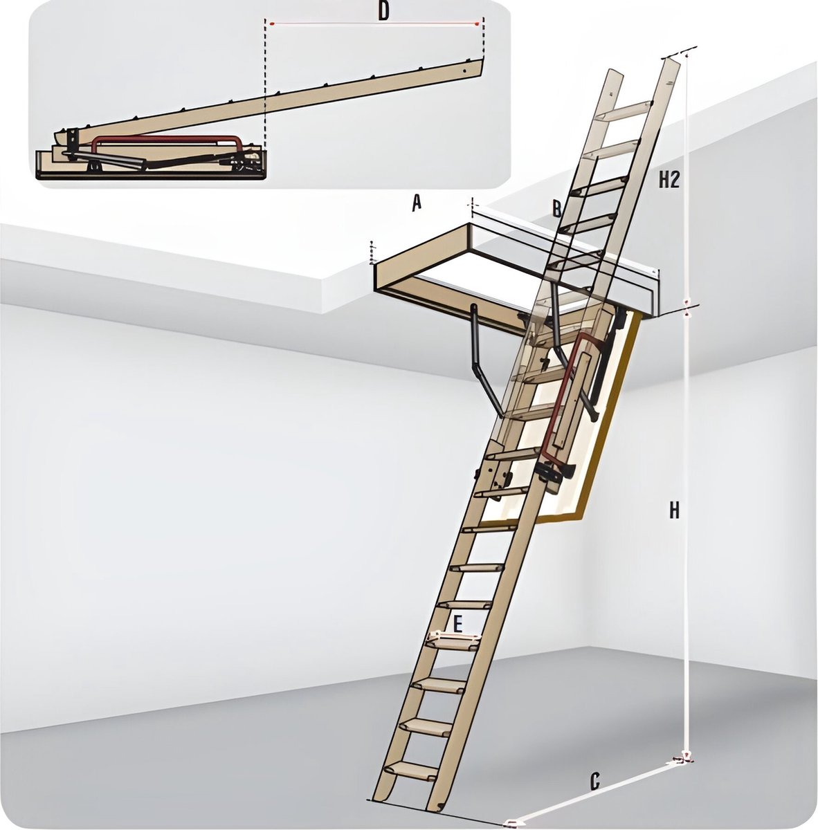 Uitschuifbare zoldertrap. Bakhoogte 14 cm (exclusief ladder) - 70 x 120 ...
