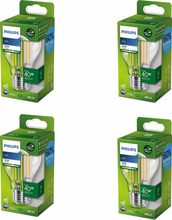 Philips Ultra Efficient LED Lampen E27 - 40W - Wit Licht - Niet Dimbaar - 4 Stuks -... | bol