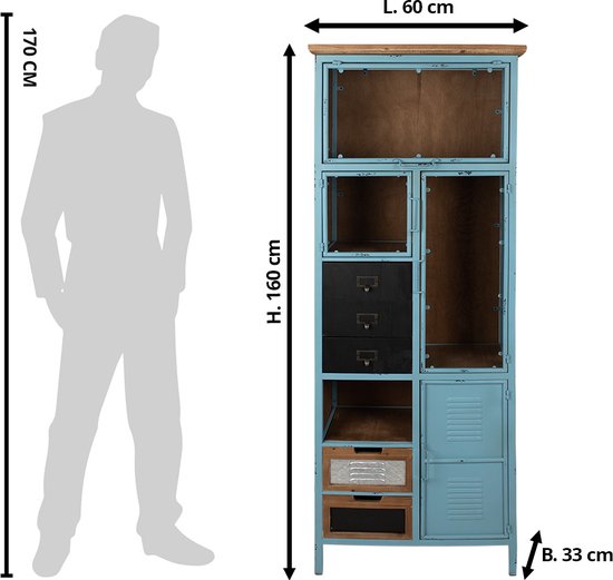 Clayre & Eef Lockerkast 60x33x160 cm Blauw Bruin IJzer Glas Opbergkast ...