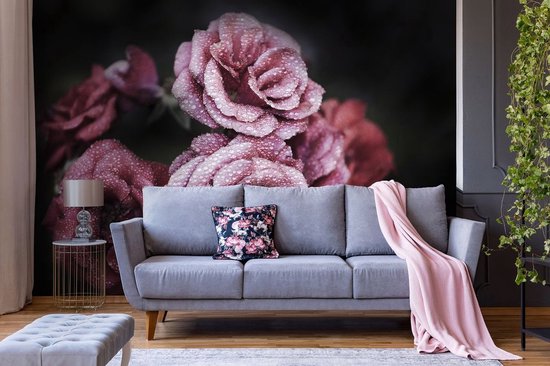 Fotobehang - Vlies Behang - Roze en Rode Rozen op Zwarte Achtergrond ...