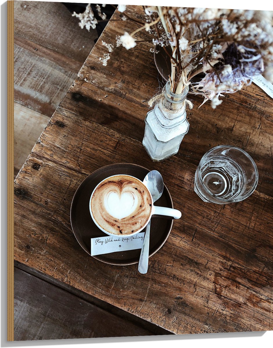 Hout - Kofie met Latte Art en Bloemen - 75x100 cm - 9 mm dik - Foto op ...