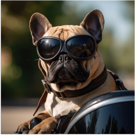 Poster (Mat) - Bulldog Hond met Zonnebril Rijdend op Motor - 50x50 cm ...