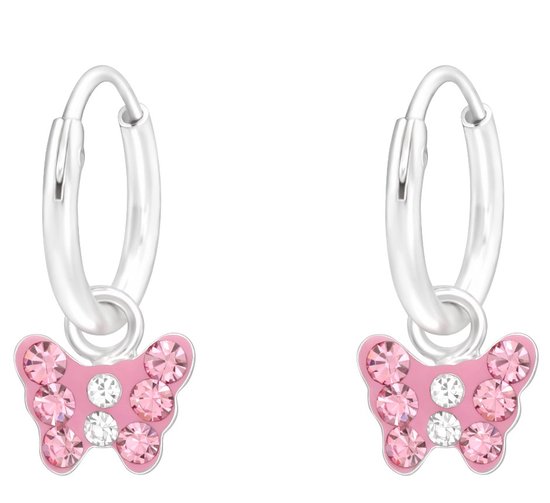 Joy|S - Zilveren vlinder bedel oorbellen - oorringen - roze kristal - kinderoorbellen | bol