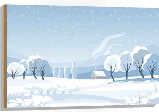 Hout - Tekening - Bomen - Huisje - Sneeuw - Wit - 90x60 cm - 9 mm dik ...