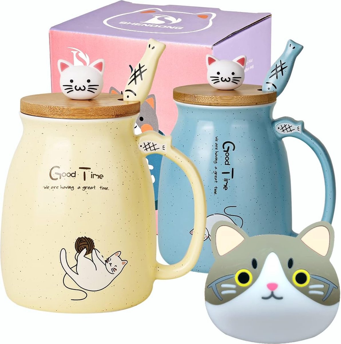 Set van 2 kat mokken, leuke koffie mokken, keramiek, met bamboe deksel ...