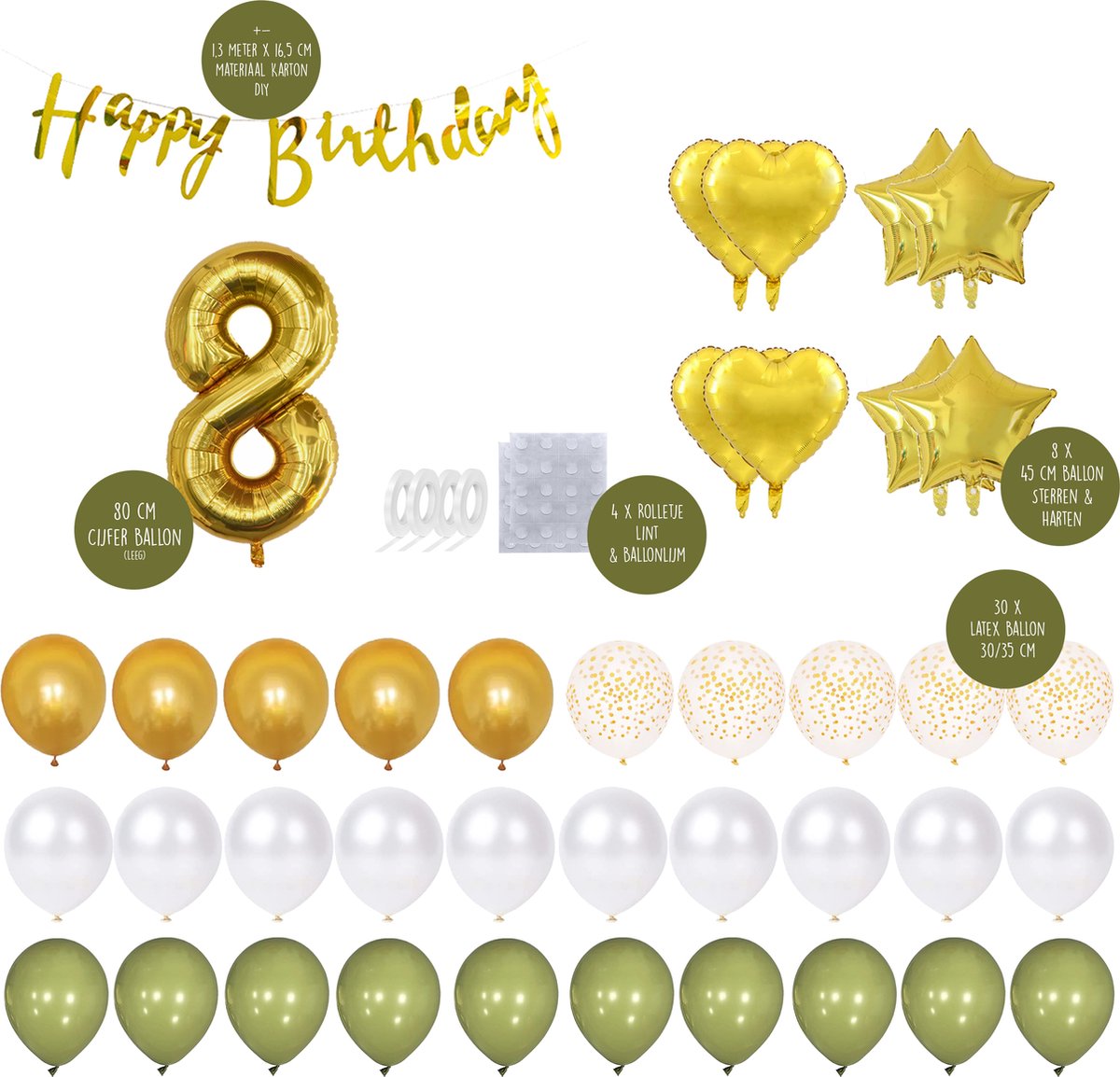 Snoes Ballonnen 8 Jaar Wit Olijf Groen Goud Mega Ballon - Compleet ...