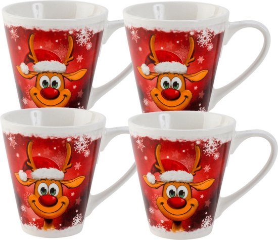 IKO kerst bekers/mokken - 4x stuks - rendier - 9,5 x 8 cm - 300 ml | bol