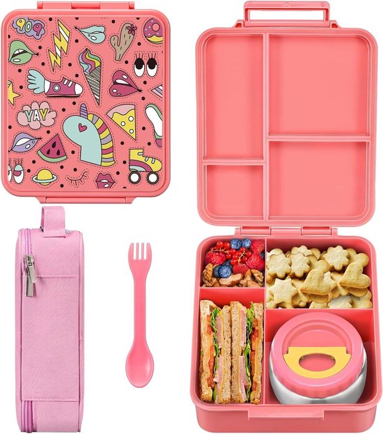 Lunch Box Divided 4 Compartments Hot Cold Foods Spoon- Kids Bento Box ...