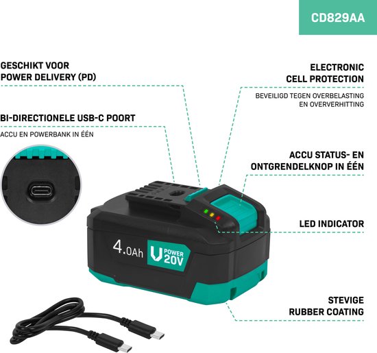 VONROC Accu 20V - 4.0Ah - Bi-directionele USB-C poort - Power Delivery ...
