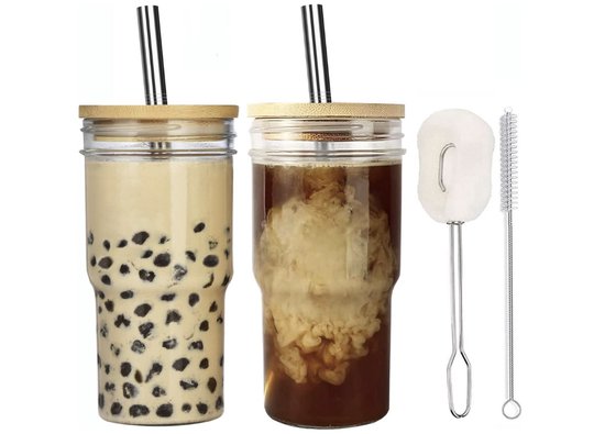 Bubble-tea-glazen, set van 2, 650 ml, van glas, herbruikbare, smoothiebekers,... | bol