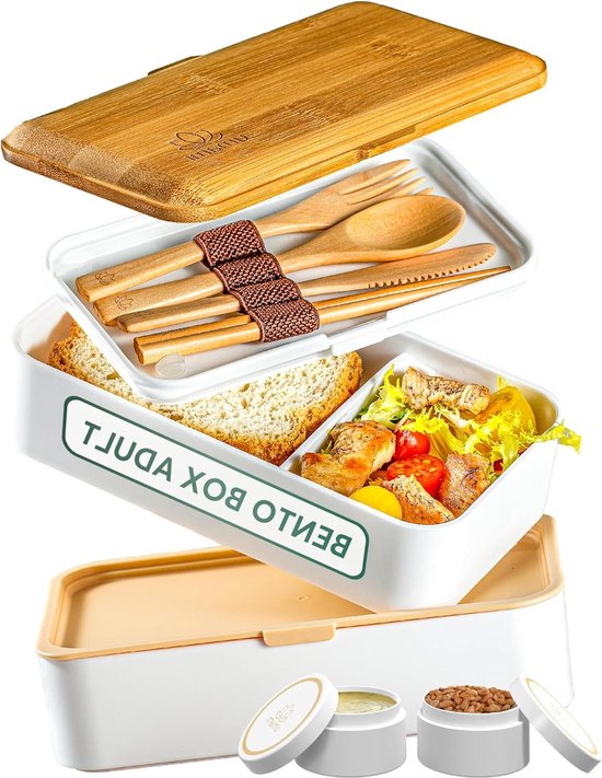 Bento Box Adults 1.2L with Cutlery & 2 Sauce Containers - Leakproof ...
