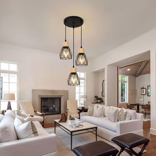 Hanglamp Industriële 3 lampen vintage metaal hout kroonluchter - zwart ...