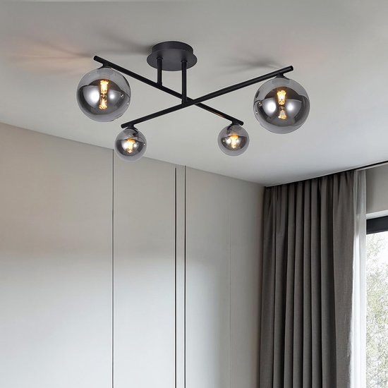 Moderne plafondlamp, 4-lichts zwart met smoke glas - Nymo | bol