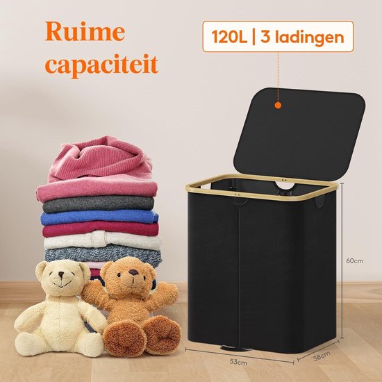 120L Wasmand met Deksel - Bamboe Handvatten - Uitneembare Waszak ...